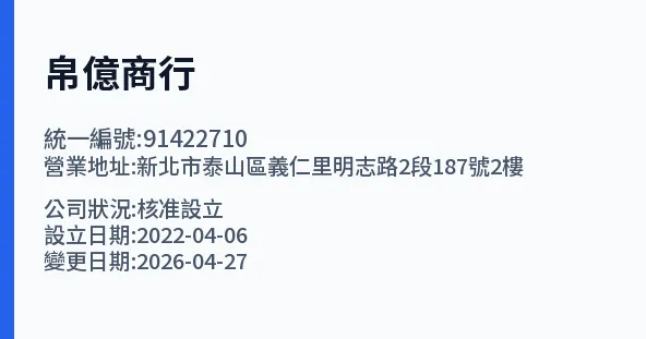 帛億商行的照片-統編 91422710(新北市) 公司登記資料與營業項目詳細圖表