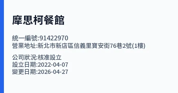 犘思柯餐館的照片-統編 91422970(新北市) 公司登記資料與營業項目詳細圖表