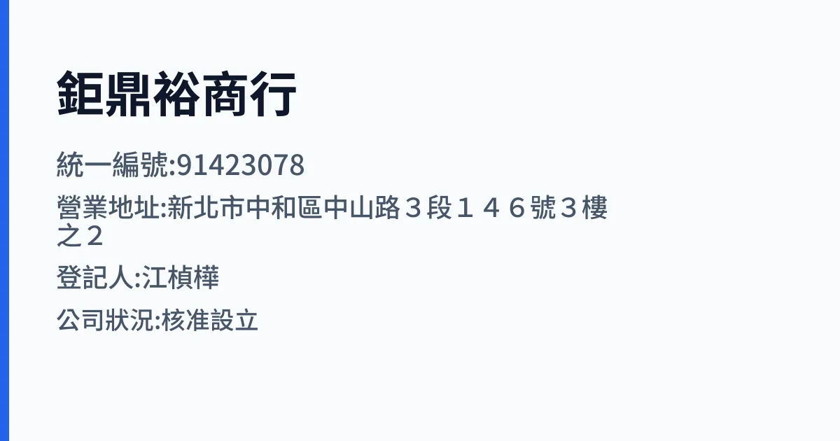 鉅鼎裕商行 - 統編 91423078(新北市) 公司登記資料與營業項目詳細圖表