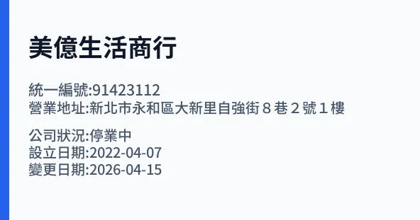 美億生活商行的照片-統編 91423112(新北市) 公司登記資料與營業項目詳細圖表