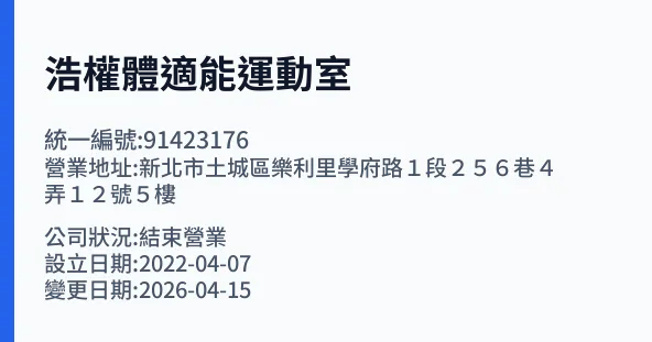 浩權體適能運動室的照片-統編 91423176(新北市) 公司登記資料與營業項目詳細圖表
