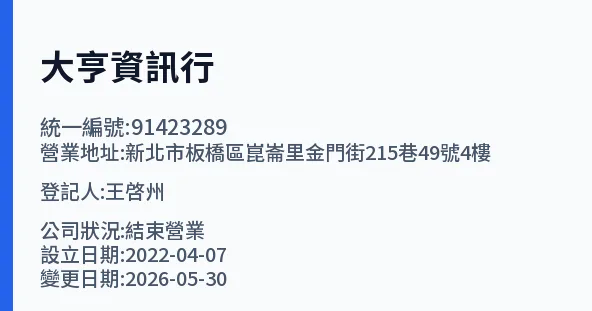 大亨資訊行的照片-統編 91423289(新北市) 公司登記資料與營業項目詳細圖表