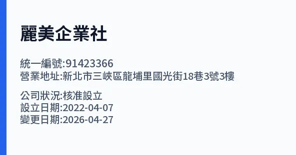 麗美企業社的照片-統編 91423366(新北市) 公司登記資料與營業項目詳細圖表