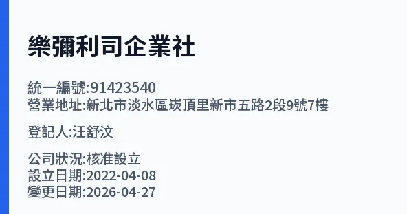 樂彌利司企業社的照片-統編 91423540(新北市) 公司登記資料與營業項目詳細圖表