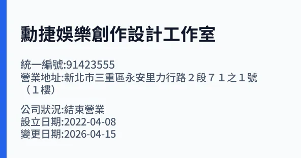 勳捷娛樂創作設計工作室的照片-統編 91423555(新北市) 公司登記資料與營業項目詳細圖表