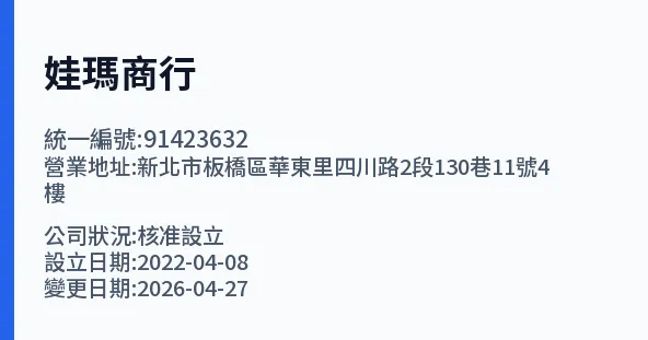 娃瑪商行的照片-統編 91423632(新北市) 公司登記資料與營業項目詳細圖表
