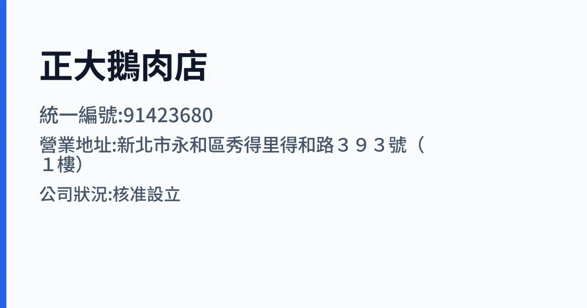 正大鵝肉店 - 統編 91423680（新北市） 公司登記資料與營業項目詳細圖表