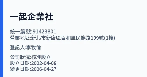 一起企業社的照片-統編 91423801(新北市) 公司登記資料與營業項目詳細圖表