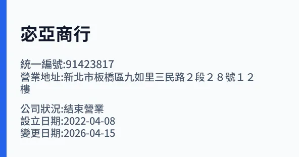 宓亞商行的照片-統編 91423817(新北市) 公司登記資料與營業項目詳細圖表