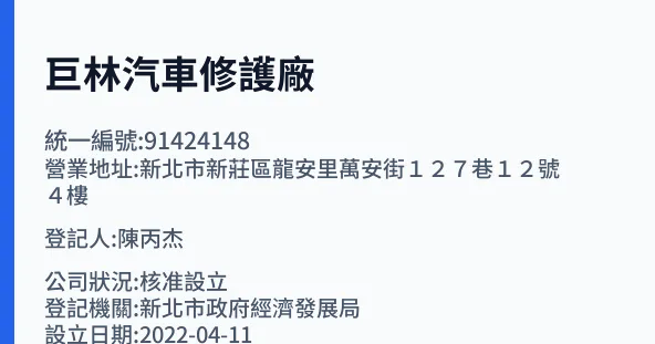 巨林汽車修護廠的照片-統編 91424148(新北市) 公司登記資料與營業項目詳細圖表