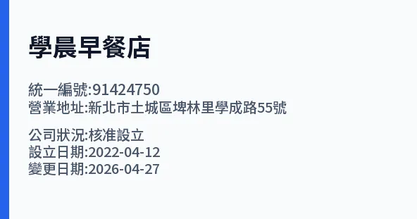 學晨早餐店的照片-統編 91424750(新北市) 公司登記資料與營業項目詳細圖表