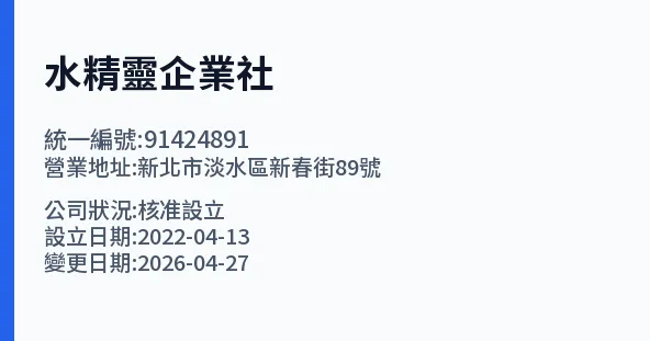 水精靈企業社的照片-統編 91424891(新北市) 公司登記資料與營業項目詳細圖表