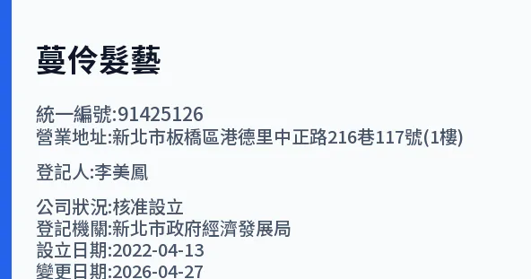 蔓伶髮藝的照片-統編 91425126(新北市) 公司登記資料與營業項目詳細圖表