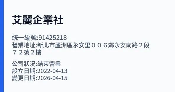 艾麗企業社的照片-統編 91425218(新北市) 公司登記資料與營業項目詳細圖表