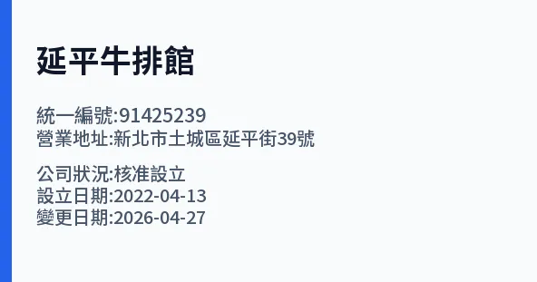 延平牛排館的照片-統編 91425239(新北市) 公司登記資料與營業項目詳細圖表