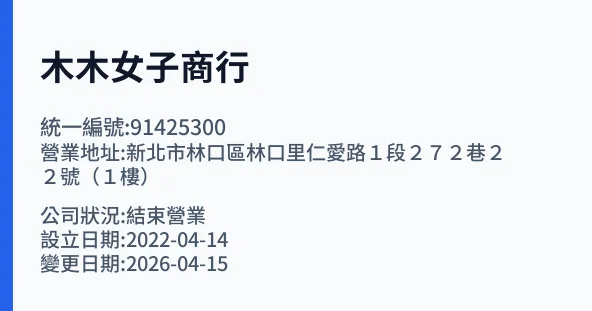 木木女子商行的照片-統編 91425300(新北市) 公司登記資料與營業項目詳細圖表