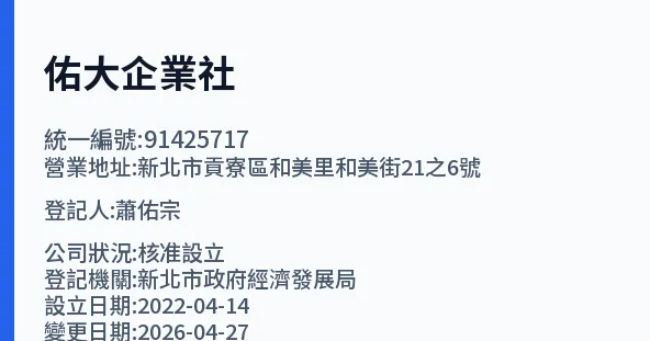 佑大企業社的照片-統編 91425717(新北市) 公司登記資料與營業項目詳細圖表
