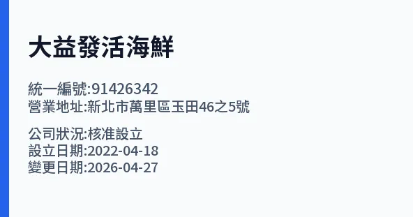 大益發活海鮮的照片-統編 91426342(新北市) 公司登記資料與營業項目詳細圖表