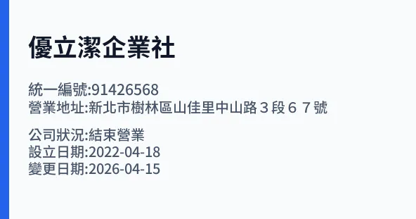 優立潔企業社的照片-統編 91426568(新北市) 公司登記資料與營業項目詳細圖表