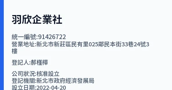 羽欣企業社的照片-統編 91426722(新北市) 公司登記資料與營業項目詳細圖表