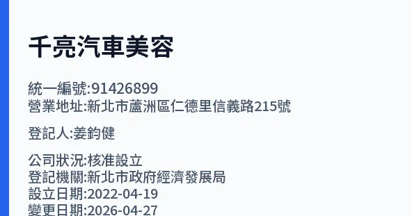 千亮汽車美容的照片-統編 91426899(新北市) 公司登記資料與營業項目詳細圖表
