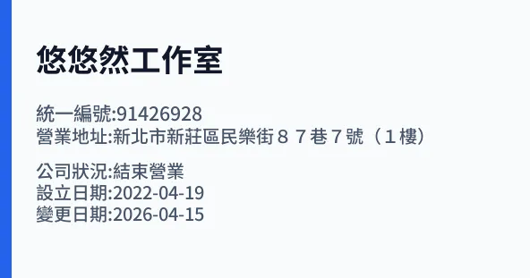 悠悠然工作室的照片-統編 91426928(新北市) 公司登記資料與營業項目詳細圖表