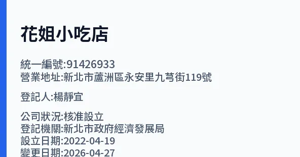 花姐小吃店的照片-統編 91426933(新北市) 公司登記資料與營業項目詳細圖表