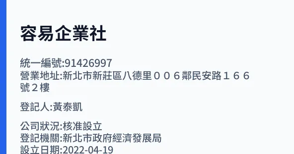 容易企業社的照片-統編 91426997(新北市) 公司登記資料與營業項目詳細圖表
