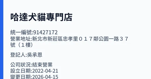 哈達犬貓專門店的照片-統編 91427172(新北市) 公司登記資料與營業項目詳細圖表
