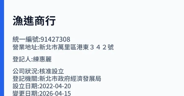 漁進商行的照片-統編 91427308(新北市) 公司登記資料與營業項目詳細圖表