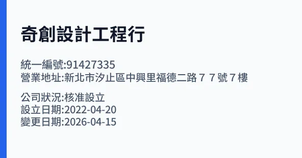 奇創設計工程行的照片-統編 91427335(新北市) 公司登記資料與營業項目詳細圖表