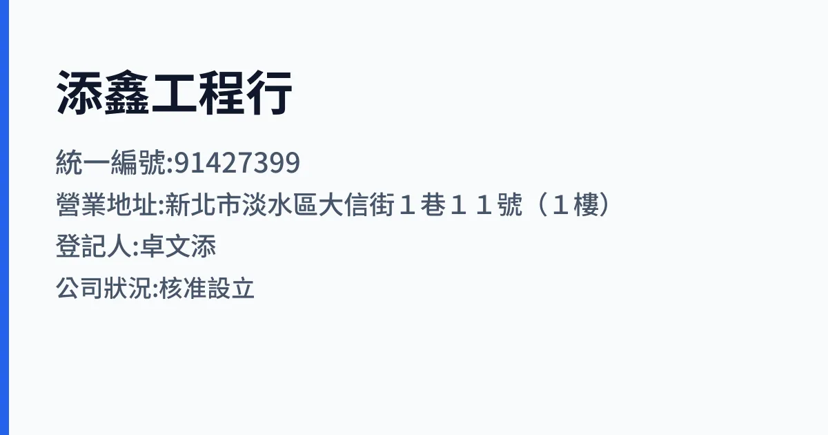 添鑫工程行 - 統編 91427399(新北市) 公司登記資料與營業項目詳細圖表