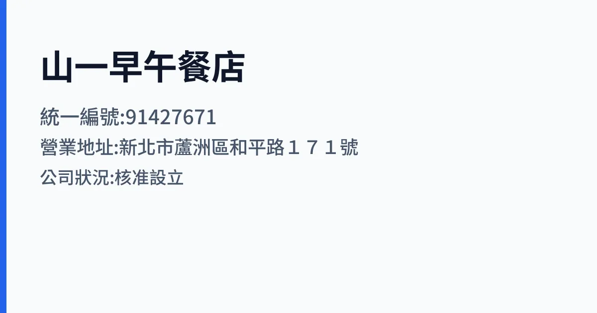 山一早午餐店 - 統編 91427671(新北市) 公司登記資料與營業項目詳細圖表