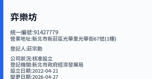 弈樂坊的照片-統編 91427779(新北市) 公司登記資料與營業項目詳細圖表