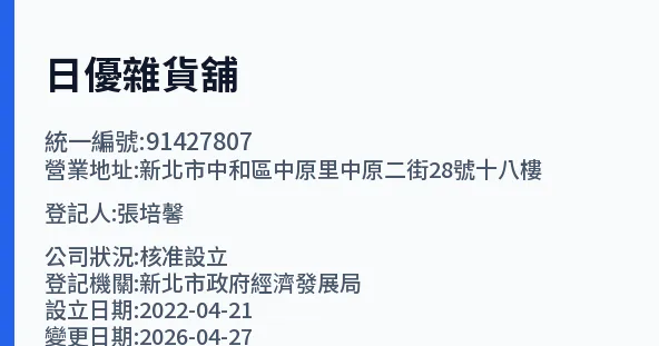 日優雜貨舖的照片-統編 91427807(新北市) 公司登記資料與營業項目詳細圖表