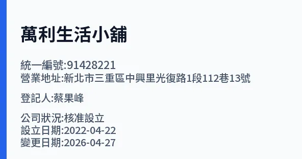 萬利生活小舖的照片-統編 91428221(新北市) 公司登記資料與營業項目詳細圖表