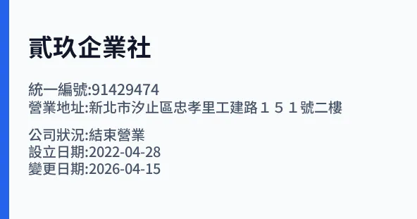 貳玖企業社的照片-統編 91429474(新北市) 公司登記資料與營業項目詳細圖表