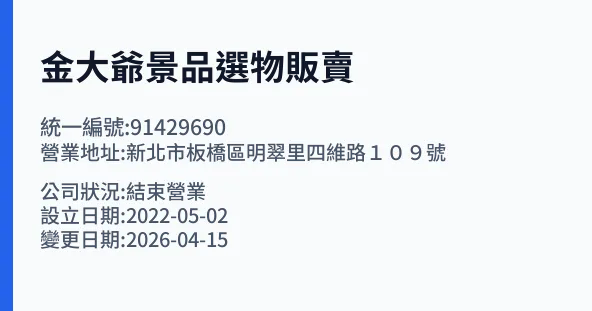 金大爺景品選物販賣的照片-統編 91429690(新北市) 公司登記資料與營業項目詳細圖表
