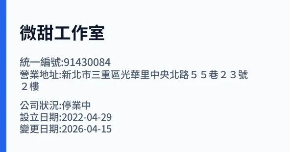 微甜工作室的照片-統編 91430084(新北市) 公司登記資料與營業項目詳細圖表