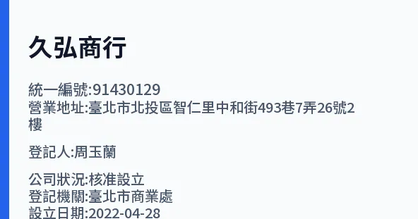 久弘商行的照片-統編 91430129(臺北市) 公司登記資料與營業項目詳細圖表