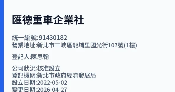 匯德重車企業社的照片-統編 91430182(新北市) 公司登記資料與營業項目詳細圖表