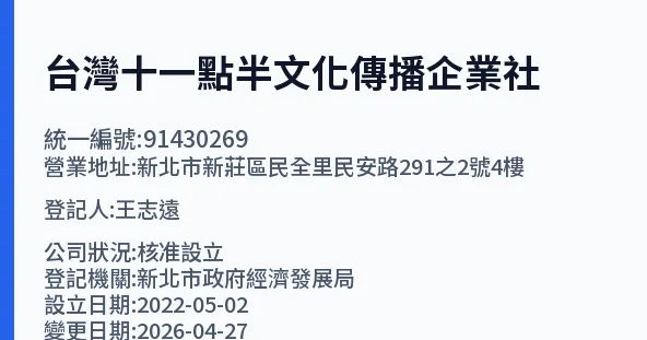 台灣十一點半文化傳播企業社的照片-統編 91430269(新北市) 公司登記資料與營業項目詳細圖表