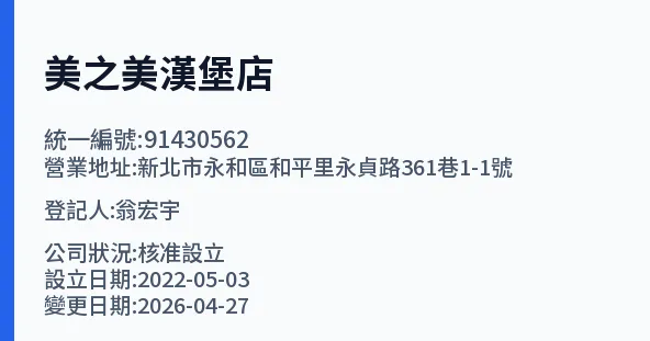 美之美漢堡店的照片-統編 91430562(新北市) 公司登記資料與營業項目詳細圖表