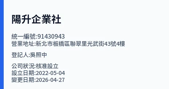 陽升企業社的照片-統編 91430943(新北市) 公司登記資料與營業項目詳細圖表