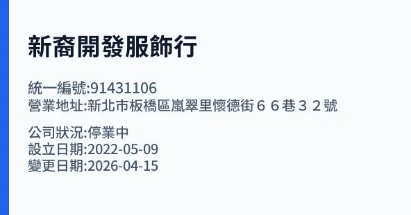 新裔開發服飾行的照片-統編 91431106(新北市) 公司登記資料與營業項目詳細圖表
