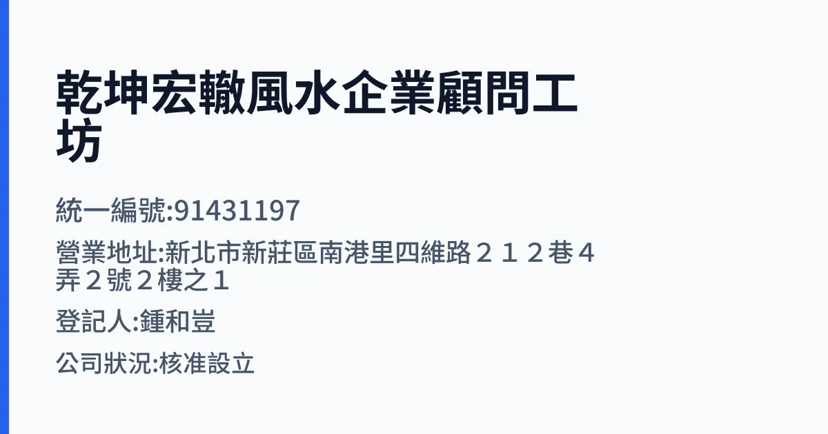 乾坤宏轍風水企業顧問工坊 - 統編 91431197(新北市) 公司登記資料與營業項目詳細圖表