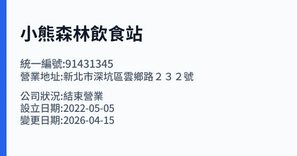 小熊森林飲食站的照片-統編 91431345(新北市) 公司登記資料與營業項目詳細圖表