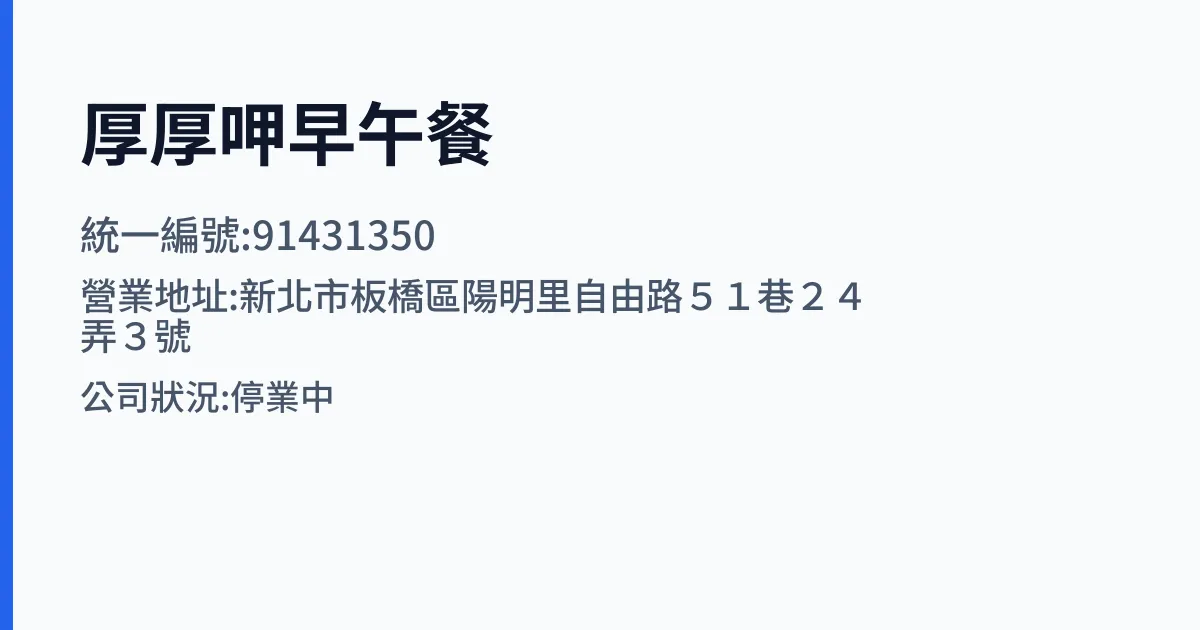 厚厚呷早午餐 - 統編 91431350(新北市) 公司登記資料與營業項目詳細圖表