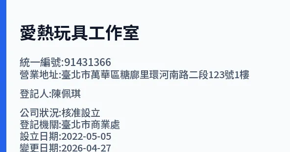 愛熱玩具工作室的照片-統編 91431366(臺北市) 公司登記資料與營業項目詳細圖表