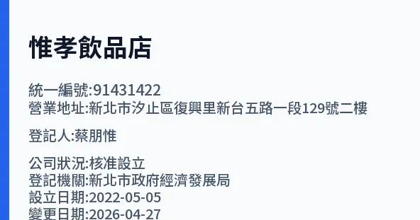 惟孝飲品店的照片-統編 91431422(新北市) 公司登記資料與營業項目詳細圖表